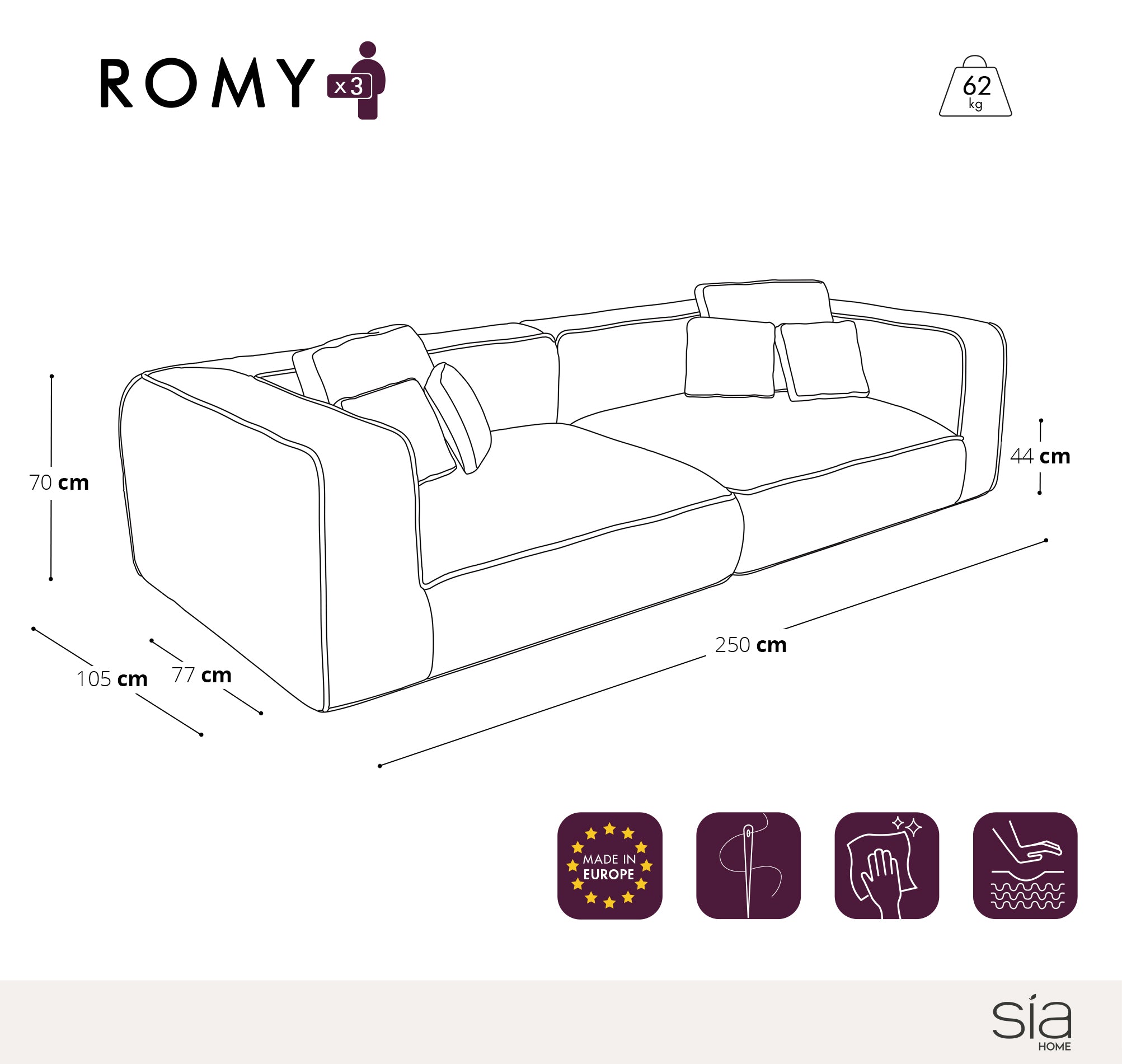 Canapé 3 places ROMY Velours tramé– Sia Home